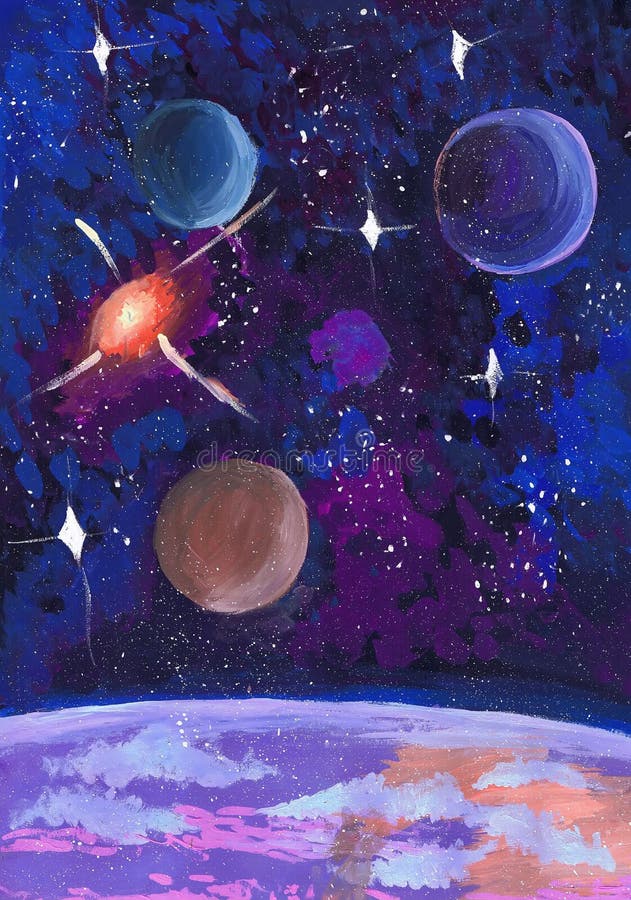 Outer Space with Bright Planets. Child`s Drawing Stock Image - Image of ...