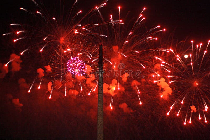 Bright Flashes of Red Fireworks in the Sky. Stock Photo - Image of ...