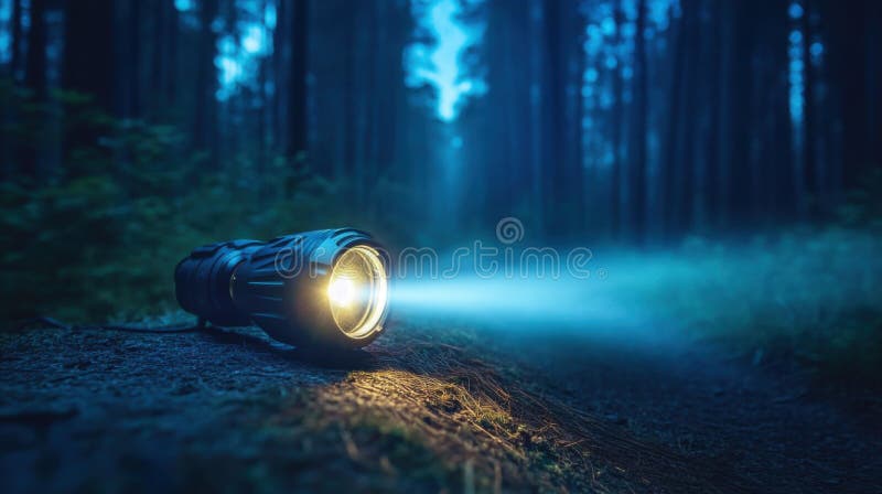 Bright Flashlight Illuminates a Dark Forest Path at Twilight in a ...