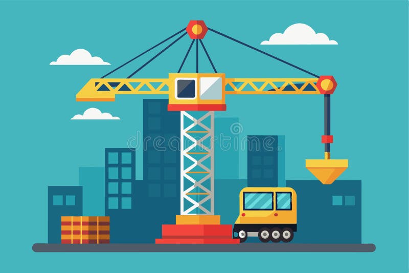 A Bright, Flat Illustration Shows a Construction Crane Working at a ...
