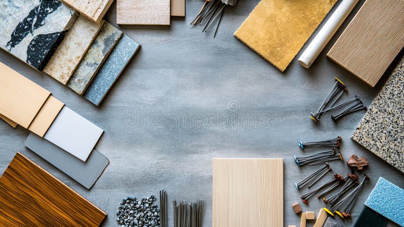 A Bright Flat Lay of Construction Materials, Including Tiles, Nails ...