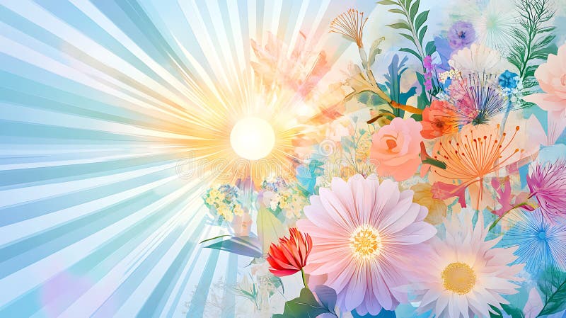 Bright Floral Composition with Rising Sun, Vibrant Colors, and Soft ...