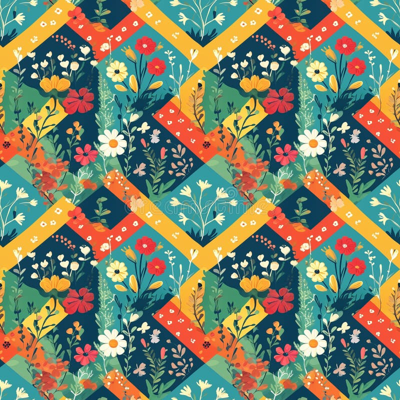Bright Floral Pattern with Colorful Geometric Shapes in Vibrant Design ...