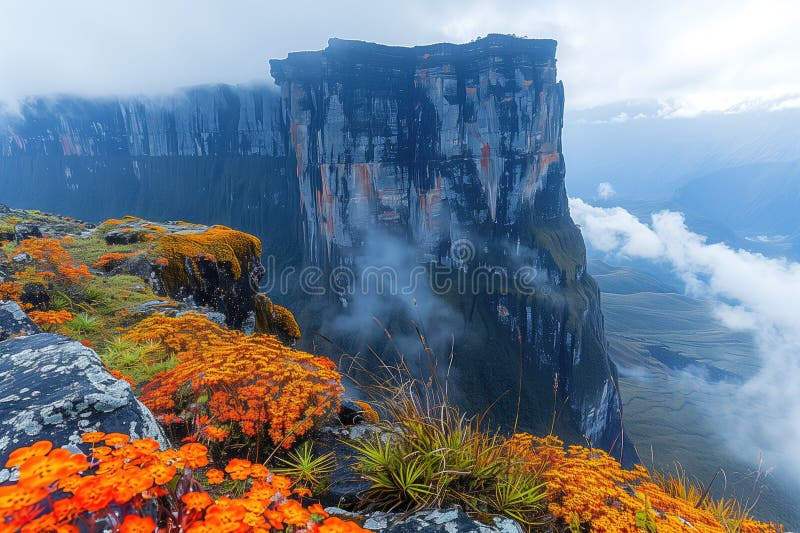 Bright Flowers at the Edge of Abyss on Top of Tepui Mountain Stock ...