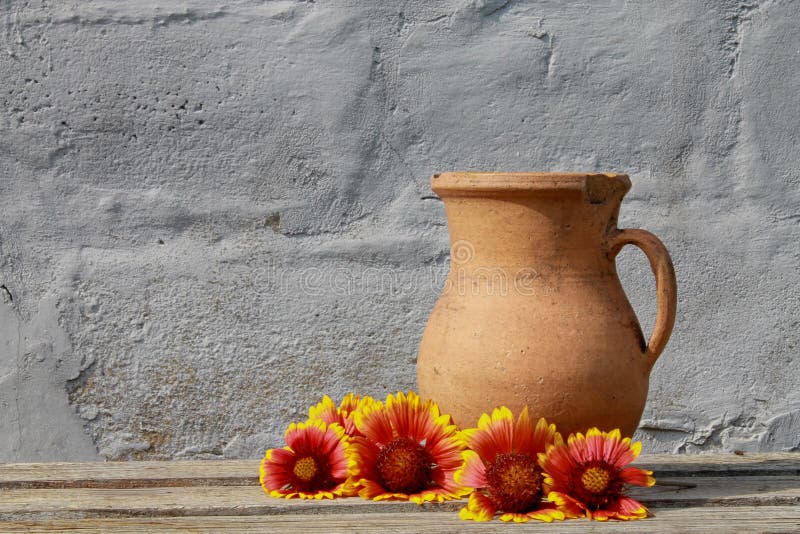 Bright Flowers Near the Old Ceramic Jug Stock Image - Image of utensil ...
