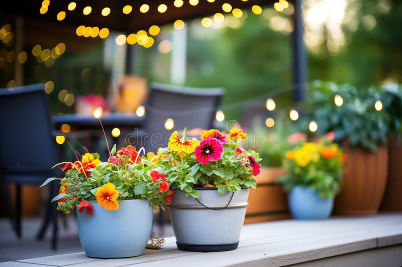 Bright Flowers in Patio Planters with String Lights Stock Photo - Image ...
