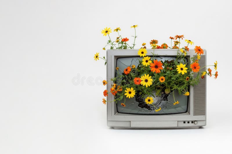 Bright Flowers Sprout through the Broken Screen of an Old TV. Space for ...
