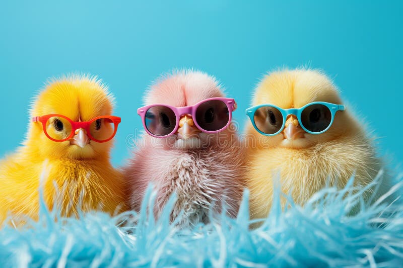 Bright Fluffy Fashionable Chicks in Glasses. Easter Card. the Image is ...