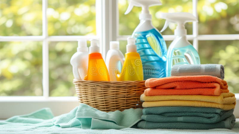Bright and Fresh Laundry Day Essentials with Detergent Bottles and Soft ...