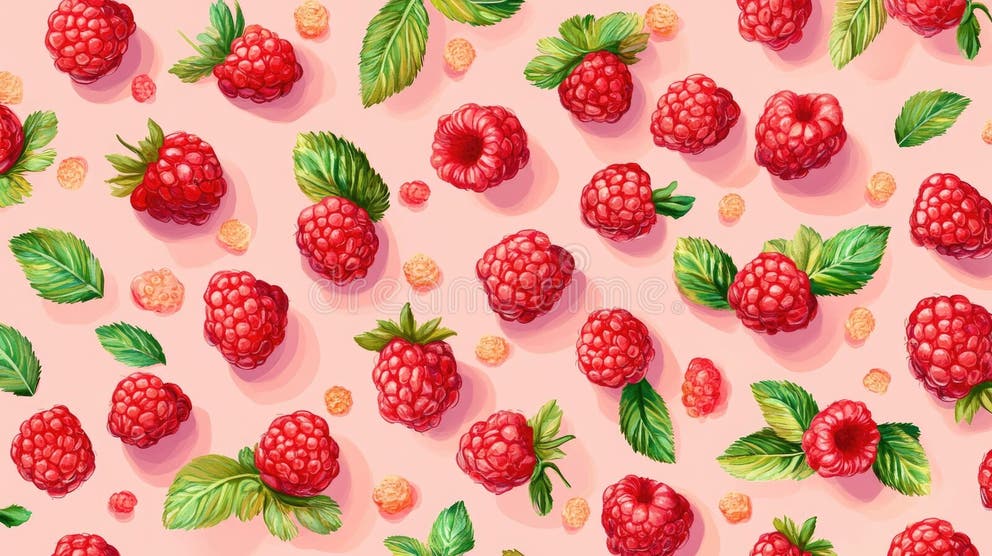 Bright and Fresh Raspberry Pattern with Vibrant Green Leaves on Soft ...