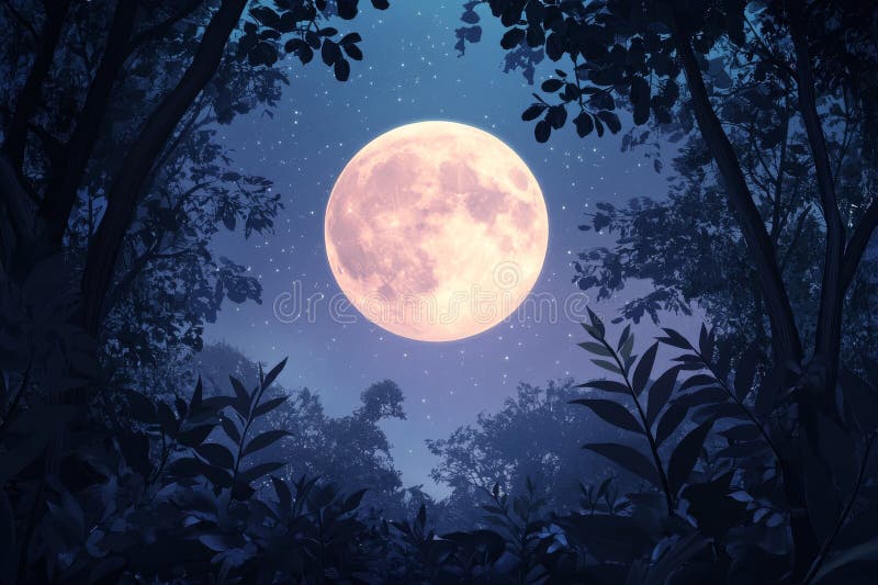 Illuminating Night Sky with Full Moon Surrounded by Lush Trees and ...