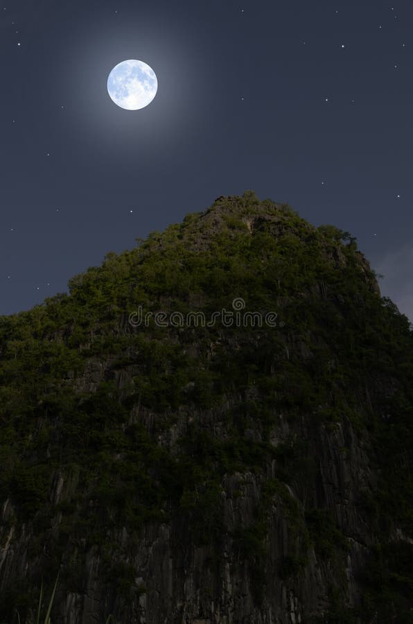 Bright Full Moon Over Mountaintop in the Night Stock Photo - Image of ...