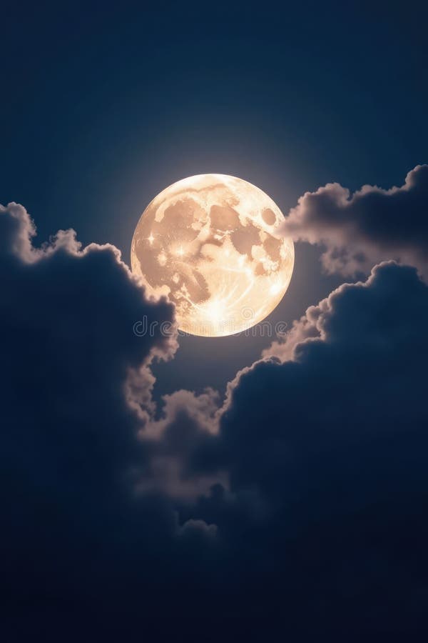 Bright Full Moon Peeking through Thick Clouds, Light, Shadows Stock ...