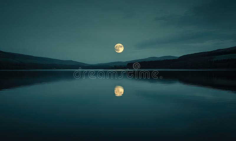 Bright Full Moon Reflected in a Still Lake, Distant Hills Barely ...