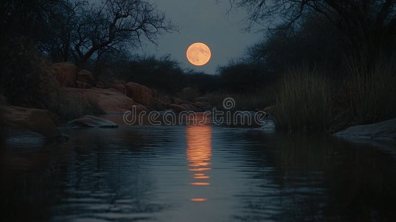 Bright Full Moon Reflecting on Calm River at Dusk Stock Illustration ...