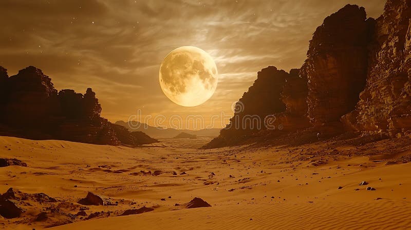 A Full Moon Ascends Over the Desert, Silver Light Stretching. Stock ...