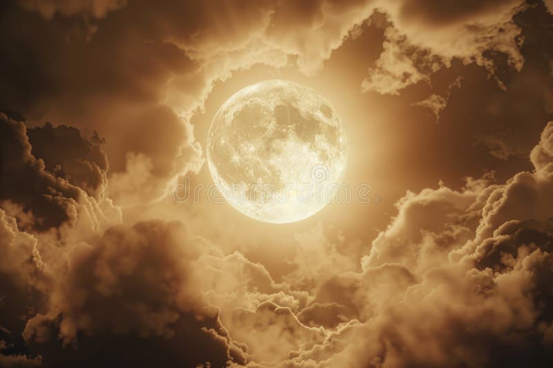 A Bright Full Moon Shines through the Clouds in the Night Sky Stock ...