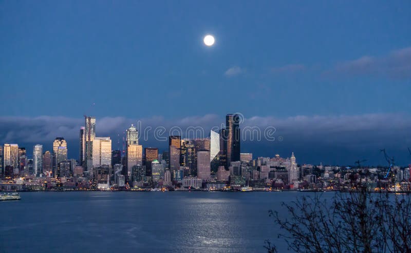 Bright Moon Over Seattle 7 stock photo. Image of skyscrapers - 173512492