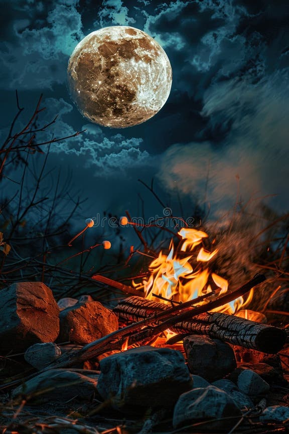 A Bright Full Moon Shining Down on a Campfire Stock Image - Image of ...