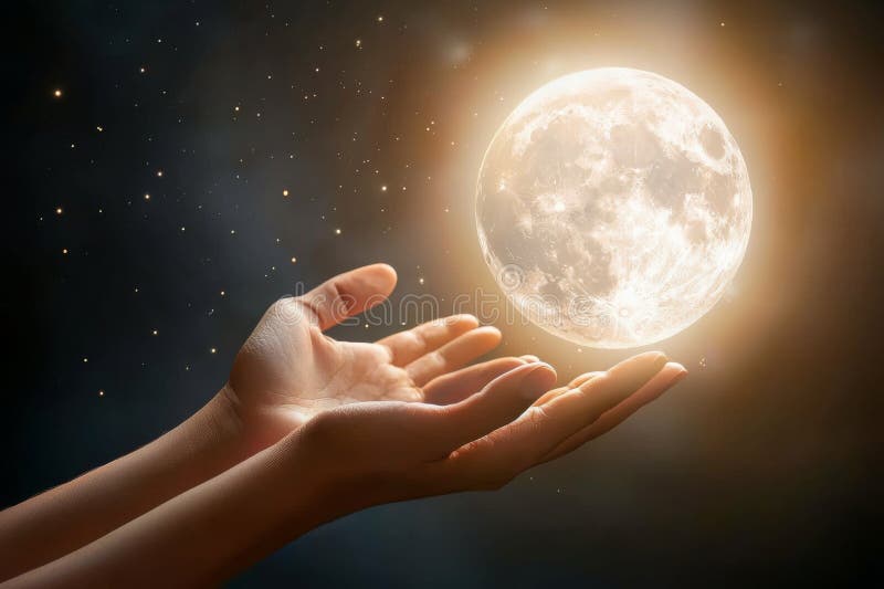 The Bright Full Moon is Visible through the Hands of a Person Stock ...