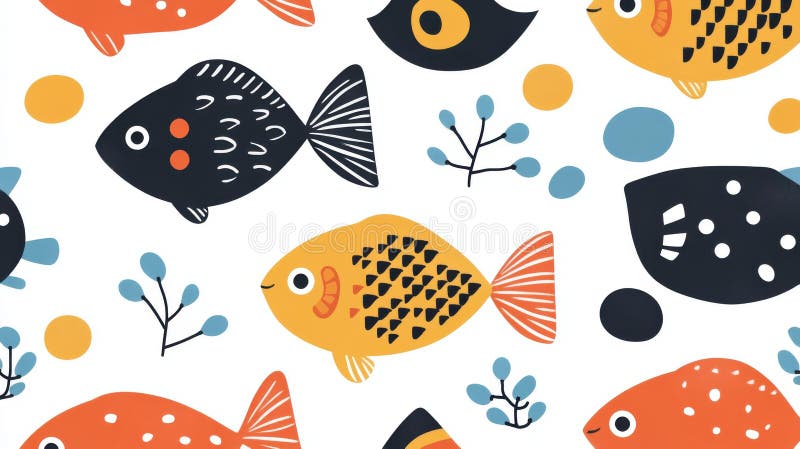 Bright, Fun Cartoon Fish Pattern Features Unique Textures and Bold ...