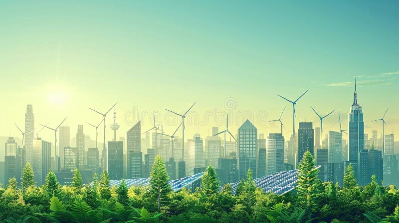 A Bright Future: City Skyline with Wind Turbines at Dusk Stock Photo ...