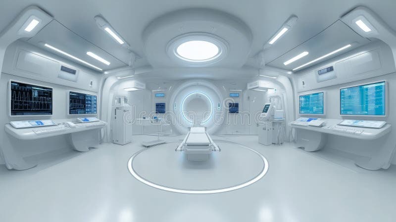 A Bright, Futuristic Lab S Empty Hall is Depicted in a 3D Image with a ...