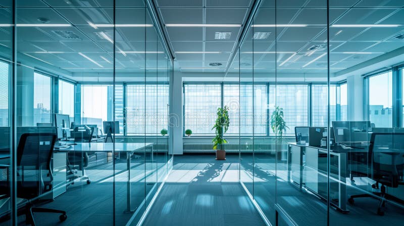 Bright Glass Empty Office with Windows and Workplaces Stock ...