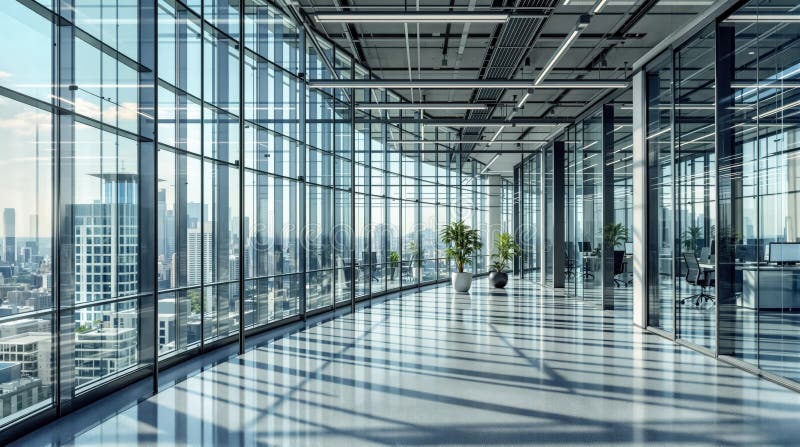 Bright Glass Empty Office with Windows and Workplaces Stock ...