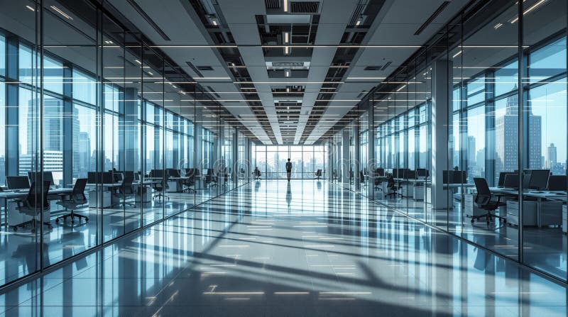 Bright Glass Empty Office with Windows and Workplaces Stock ...