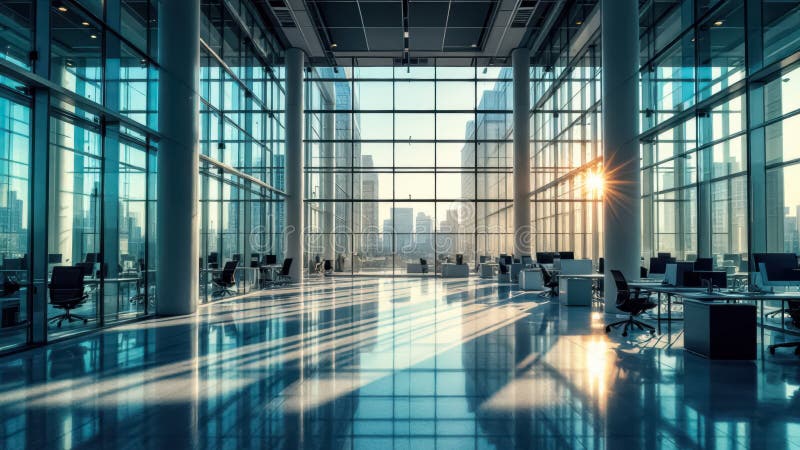 Bright Glass Empty Office with Windows and Workplaces Stock ...