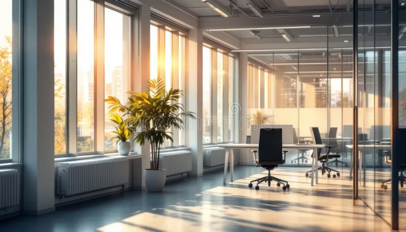 Bright Glass Empty Office with Windows and Workplaces Stock ...