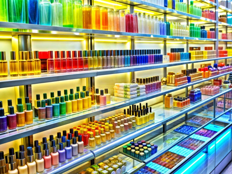 Bright Glass Shelves with Cosmetics of Different Colors Stock ...