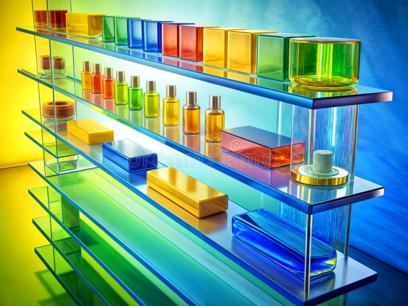 Bright Glass Shelves with Perfumes of Different Colors Stock ...