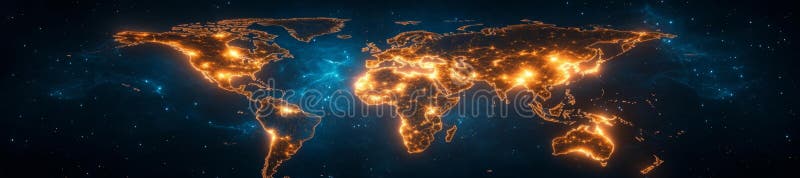 Bright Global Network Map with Illuminated City Lights on Earth Stock ...
