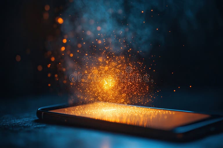 A Bright Glow of Flickering Particles Above the Screen of a Smartphone ...