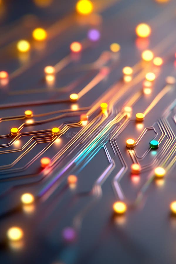 Bright Glowing Circuitry with Orange and Yellow Light Patterns on a ...