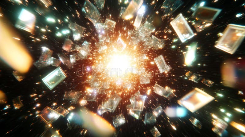 A Bright, Glowing Explosion with Numerous Rectangular Objects Flying ...
