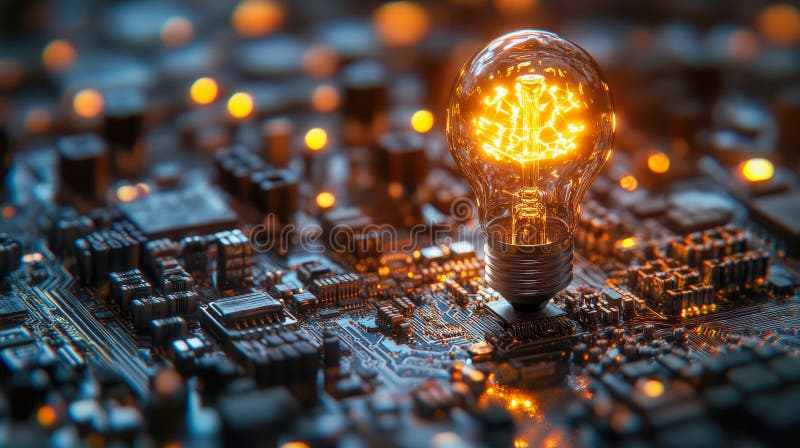 A Bright Glowing Light Bulb on Computer Circuit Board Stock ...