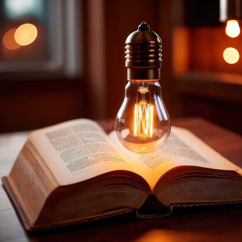Bright Glowing Lightbulb on Open Book, Showing Enlightenment and ...