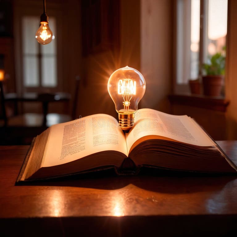 Bright Glowing Lightbulb on Open Book, Showing Enlightenment and ...