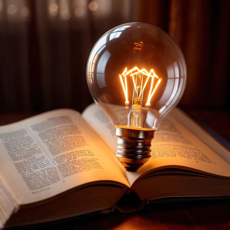Bright Glowing Lightbulb on Open Book, Showing Enlightenment and ...