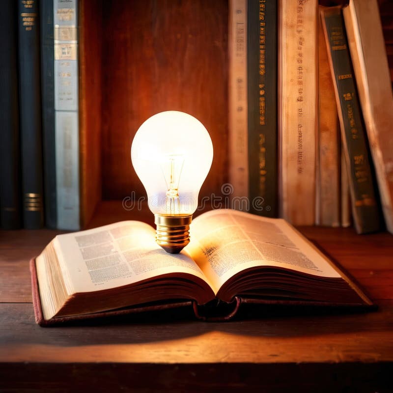 Bright Glowing Lightbulb on Open Book, Showing Enlightenment and ...
