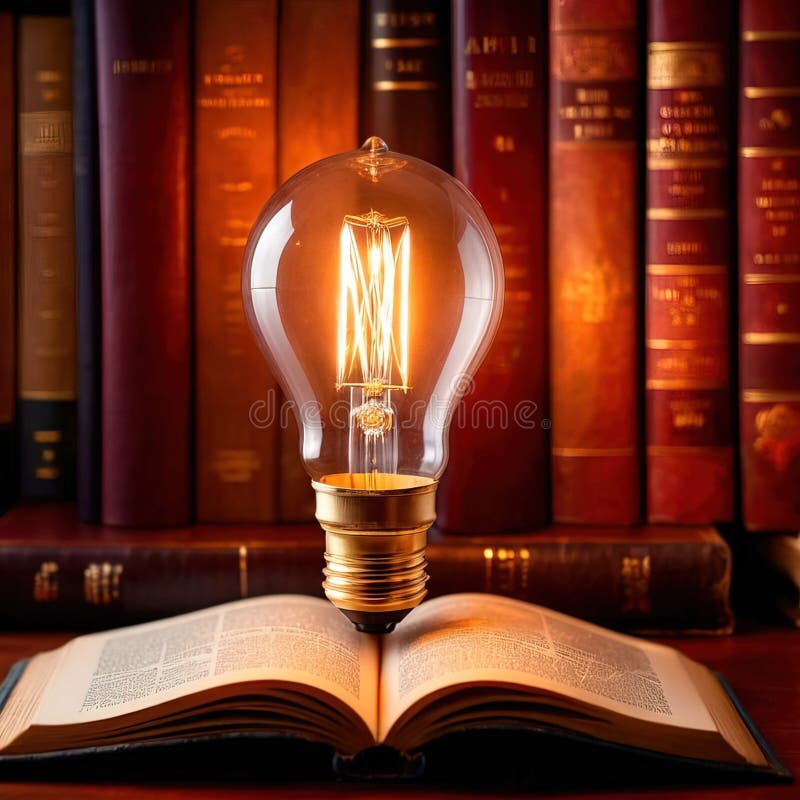 Bright Glowing Lightbulb on Open Book, Showing Enlightenment and ...