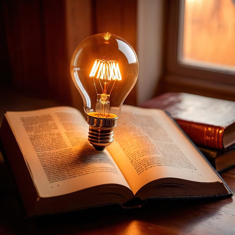Bright Glowing Lightbulb on Open Book, Showing Enlightenment and ...