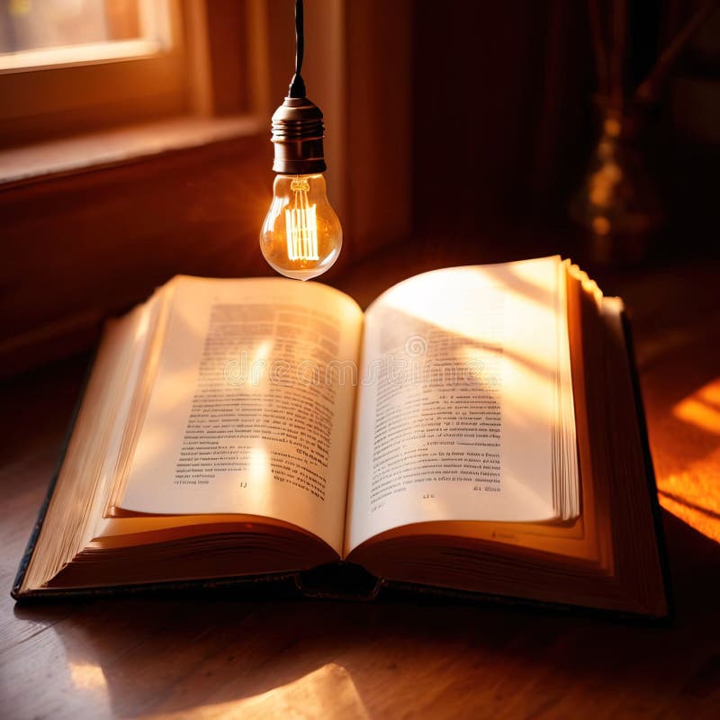 Bright Glowing Lightbulb on Open Book, Showing Enlightenment and ...