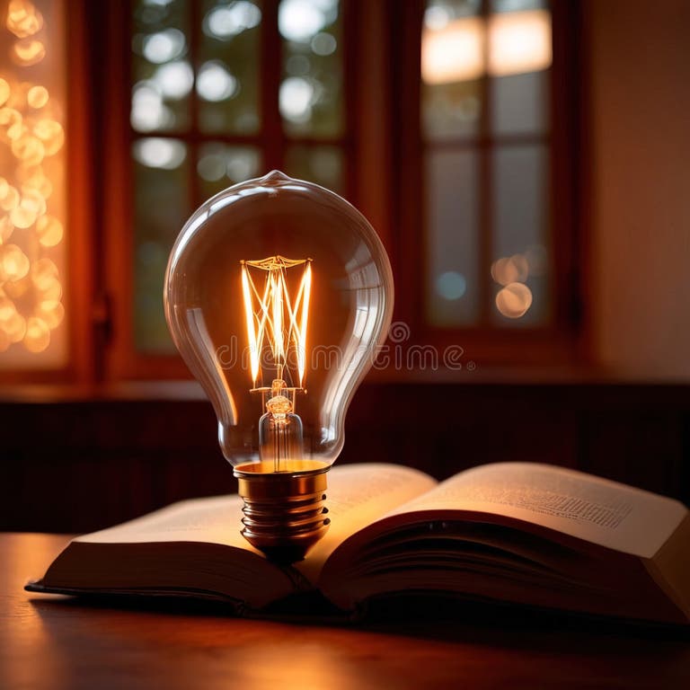 Bright Glowing Lightbulb on Open Book, Showing Enlightenment and ...