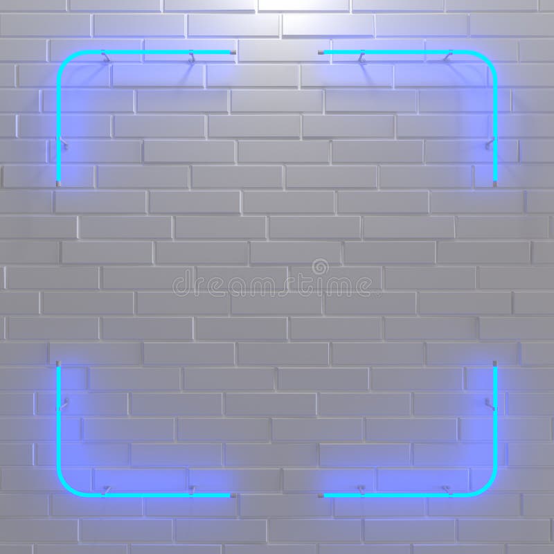 Bright Glowing Neon Rectangular Sign on White Brick Wall Background. 3d ...