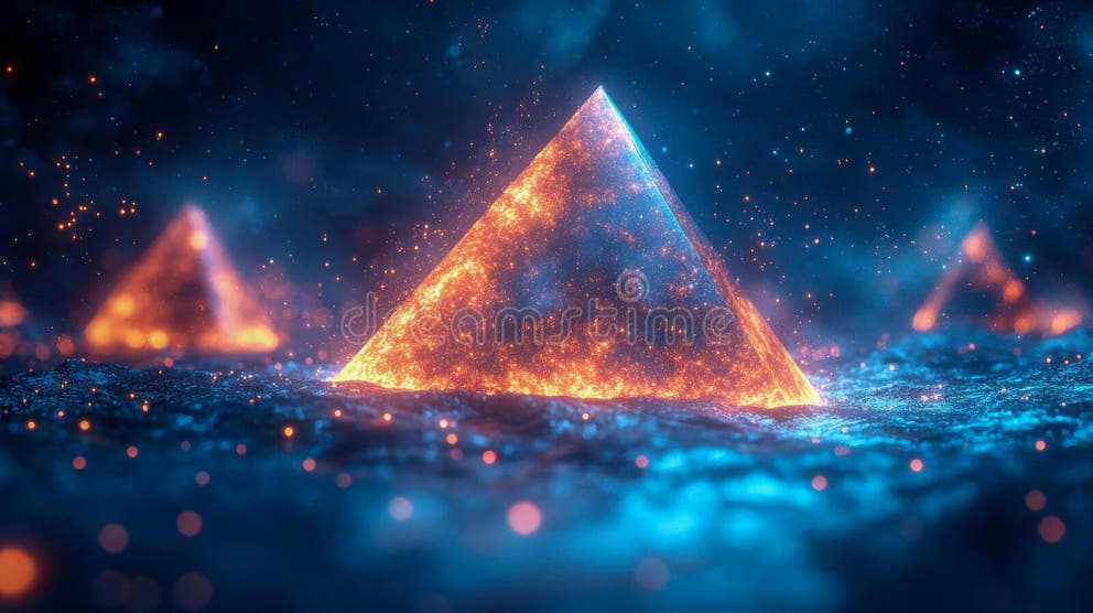 Bright Glowing Triangular Pyramid Floating on a Holographic Ocean. a ...