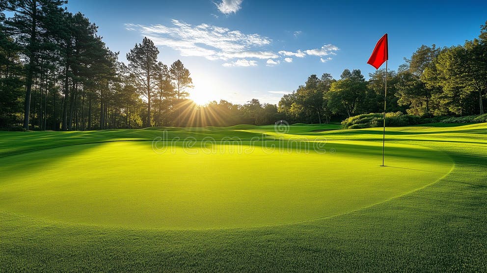 Bright Golf Course with a Red Flag and Trees Under a Sunny Blue Sky ...